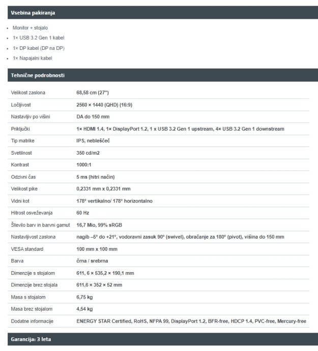 Nov monitor dell 27 col