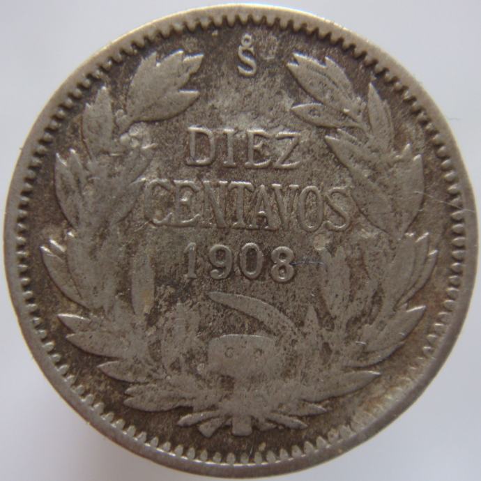 Čile 10 Centavos 1908 VF - Srebro