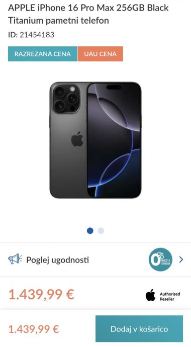 APPLE IPHONE 16 PRO MAX 256GB BLACK TITANIUM NOV ZAPAKIRAN Z RAČUNOM