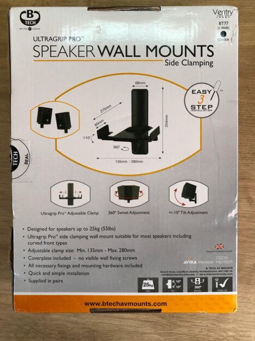 B-TECH BT77 Side Clamping Loudspeaker Wall Mounts with Tilt & Swivel