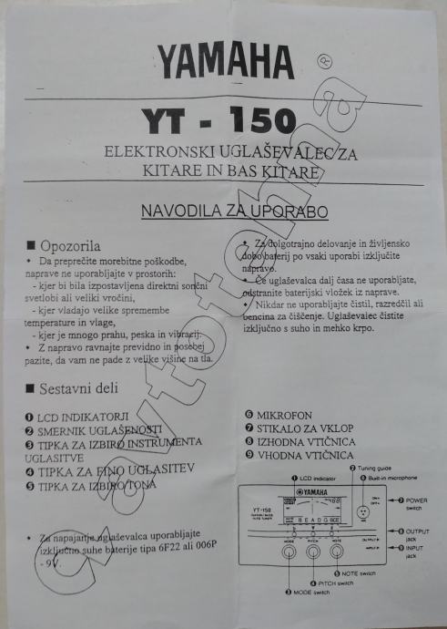 Elektronski uglaševalec za kitare in bas kitare YAMAHA YT-150
