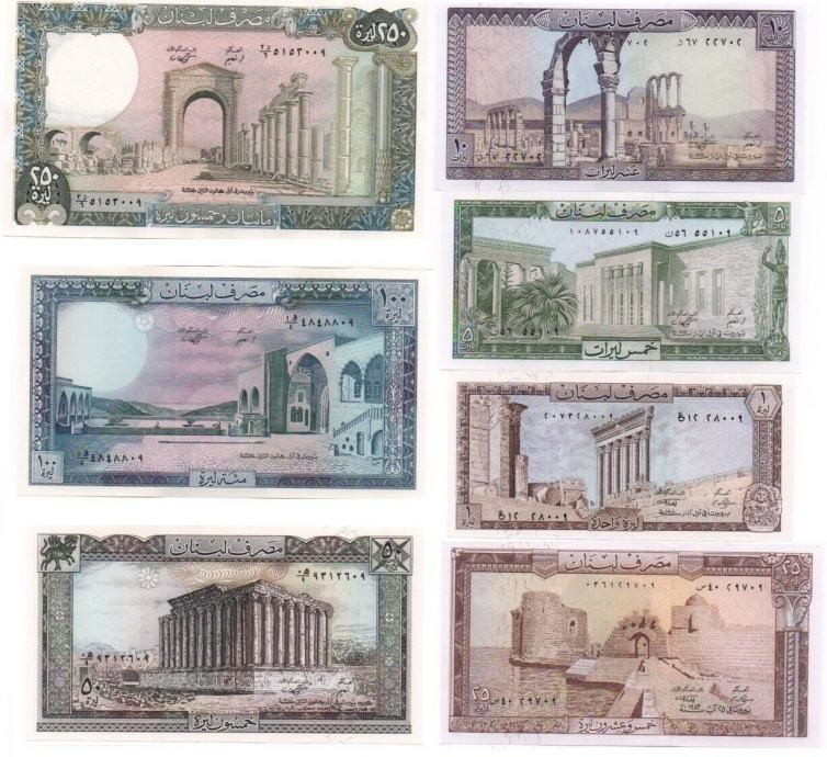 LEBANON, Liban, set 7 bankovcev iz 80-tih let, cela serija , UNC