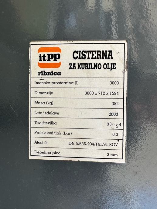 Cisterna za kurilno olje ali nafto 3000 litrov