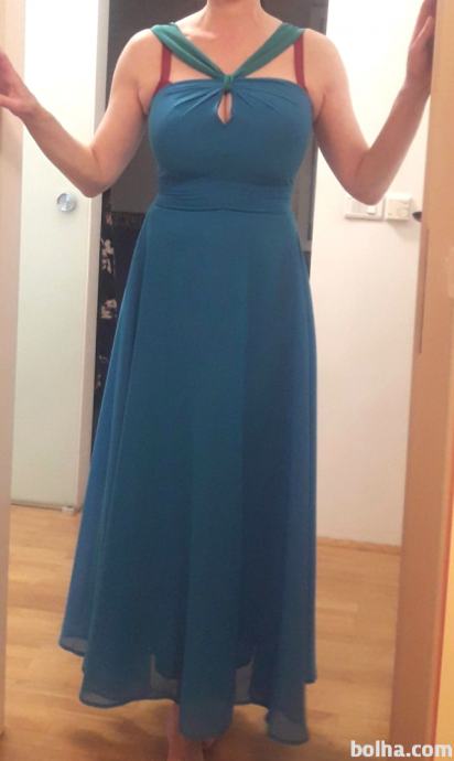 Elegantna modro-zelena dolga obleka