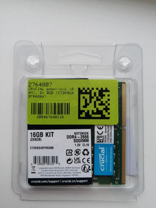 Crucial RAM 2x8 GB SODIMM DDR4 2666MTs, CL19, 1.2V