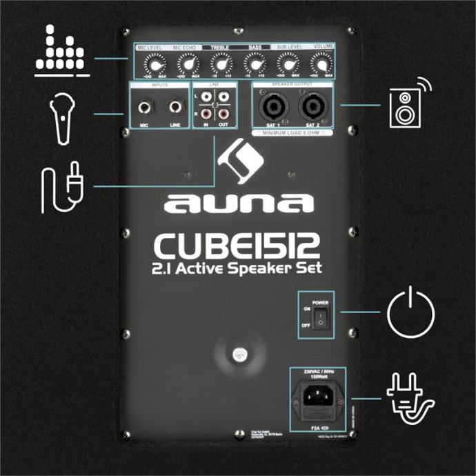 Auna Pro Cube 1512, 2.1 Aktivni PA Set, 1200 Watt, 15 Subwoofer, 2 x