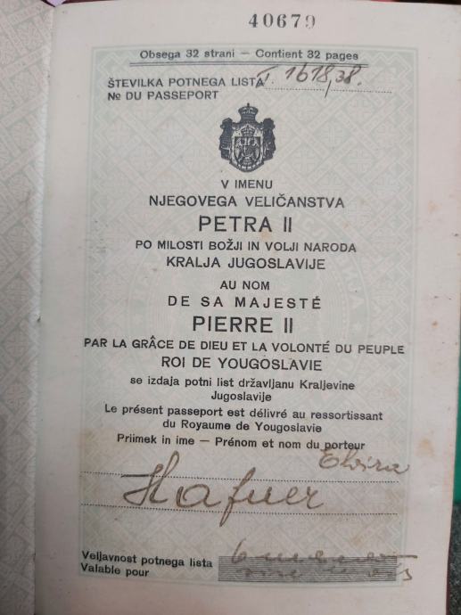 POTNI LIST KRALJEVINA JUGOSLAVIJA 1938 , ELVIRA HAFNER