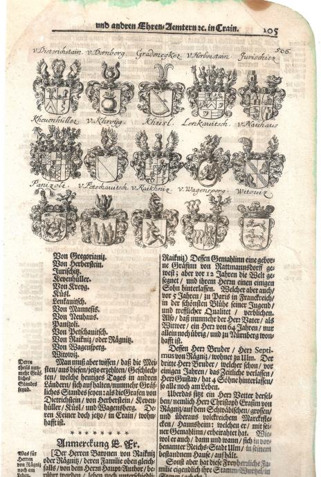 VALVAZOR-GRBI SLOVENSKIH MEST,GROFOV,DRUŽIN,SLAVA VOJVODINE KR. 1689