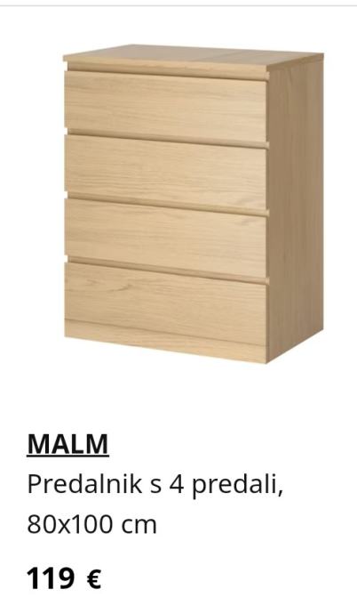 Predalnik MALM Ikea, beljen hrastov furnir 100x50