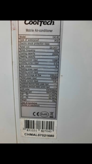 Prenosna hladilna naprava Cooltech mobil conditioner model CAC 9E