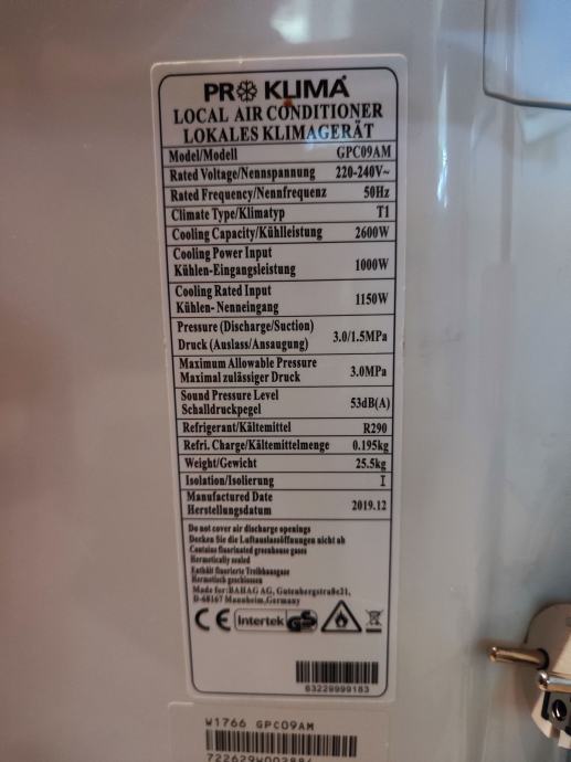 Prenosna klima Proklima 9k Btu/h 2,6kW do 26m2 - malo rabljena