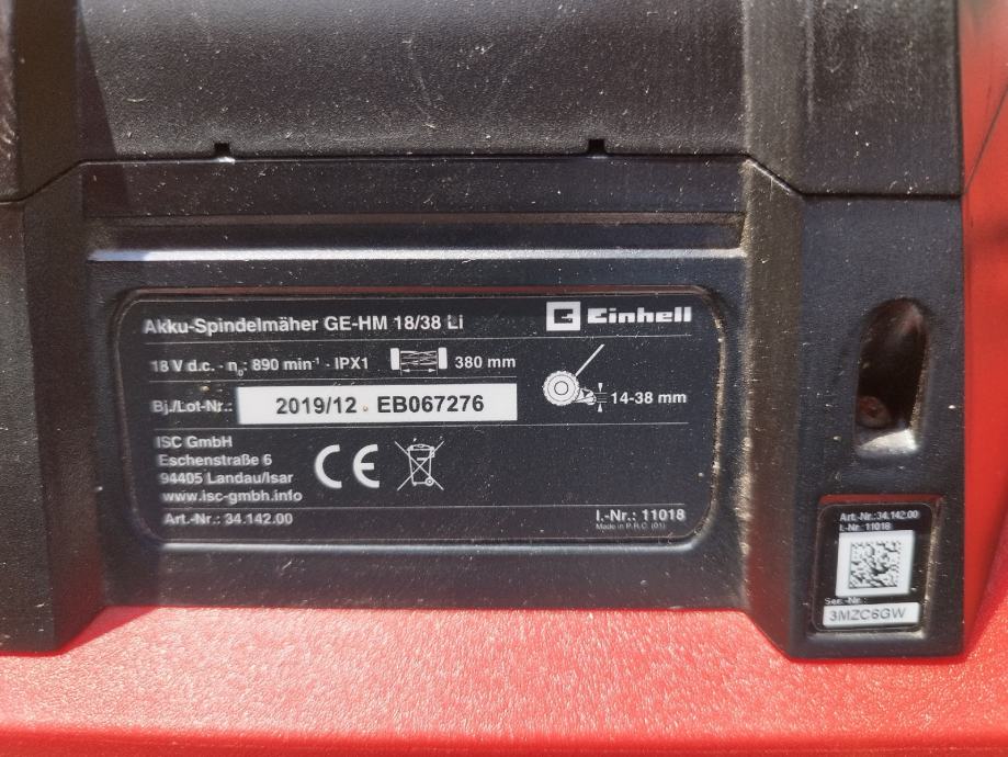 Einhell akumulatorska vretenasta kosilnica GE-HM 18/38 Li-Solo