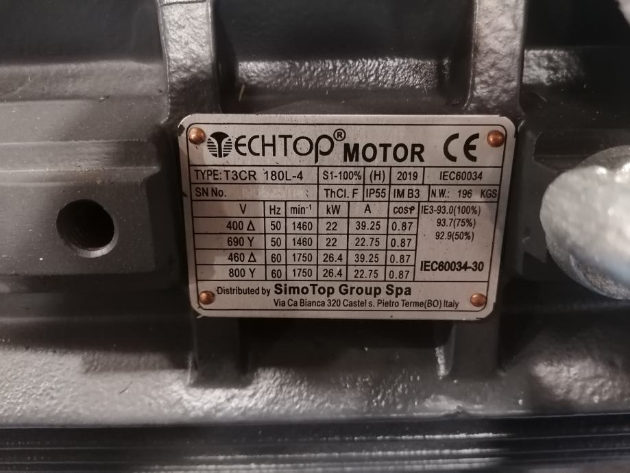 TECHTOP T3CR-180L-4, 22kW, 1400 rpm, B3, IE3, PTC