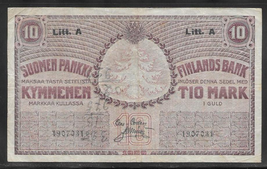 FINSKA pod Rusijo - 10 mark 1909 v zlatu - 1 guld VF