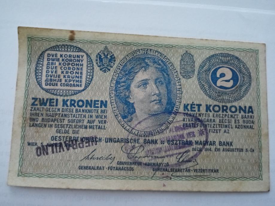 ÖSTEREICH ZWEI KRONEN 1914 s štampiljko