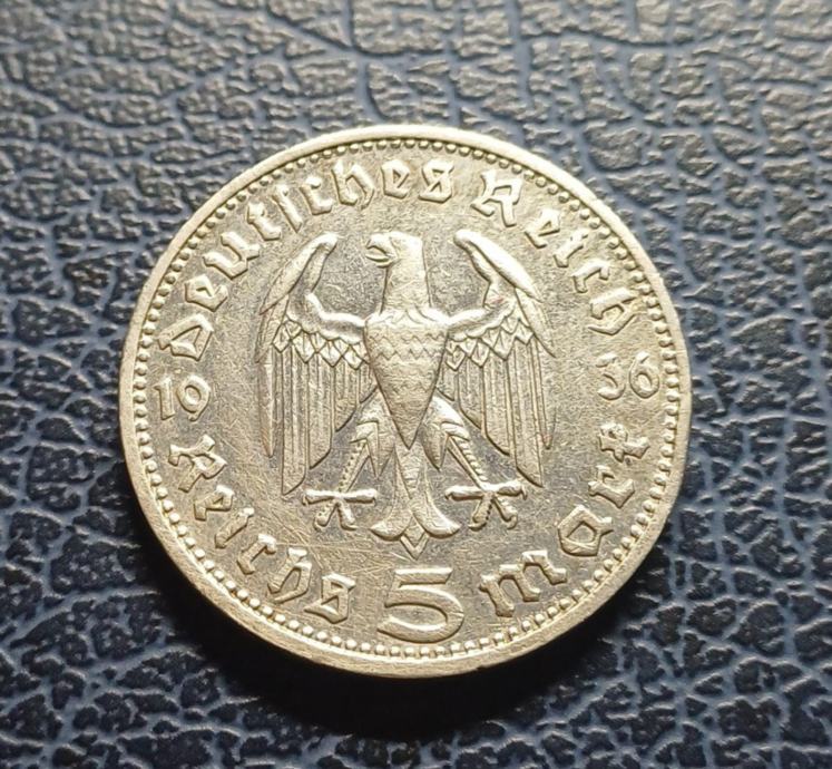 1936 D SREBRNIK Nemčija nacizem 5 Reichsmark 3. Reich