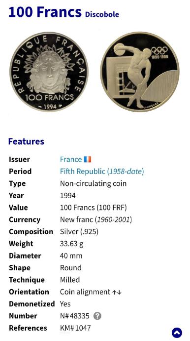 FRANCIJA velik SREBRNIK 100 francs 1994 - metalec diska