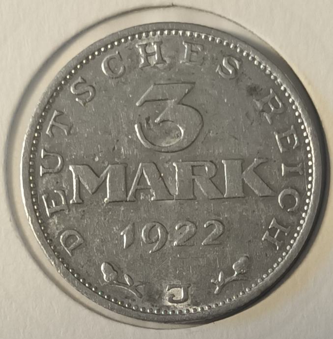 GERMANY 3 MARK 1922 J