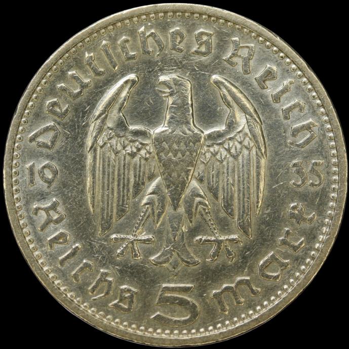 LaZooRo: Nemčija 5 mark 1935 F VF / XF Paul - srebro