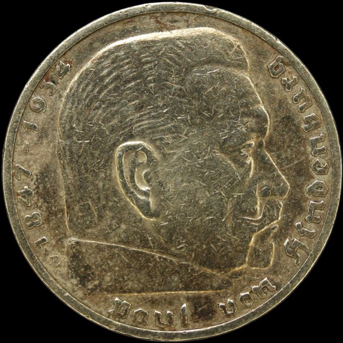 LaZooRo: Nemčija 5 mark 1936 E VF / XF Paul - srebro