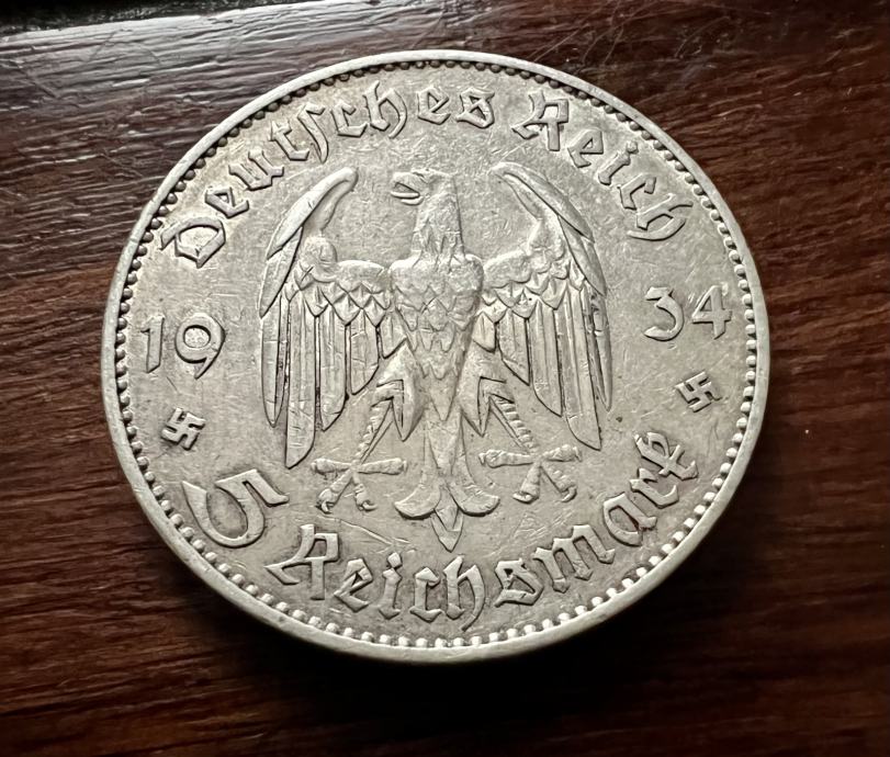 1934 F SREBRNIK Nemčija nacizem 5 Reichsmark 3. Reich nazi (otaku)