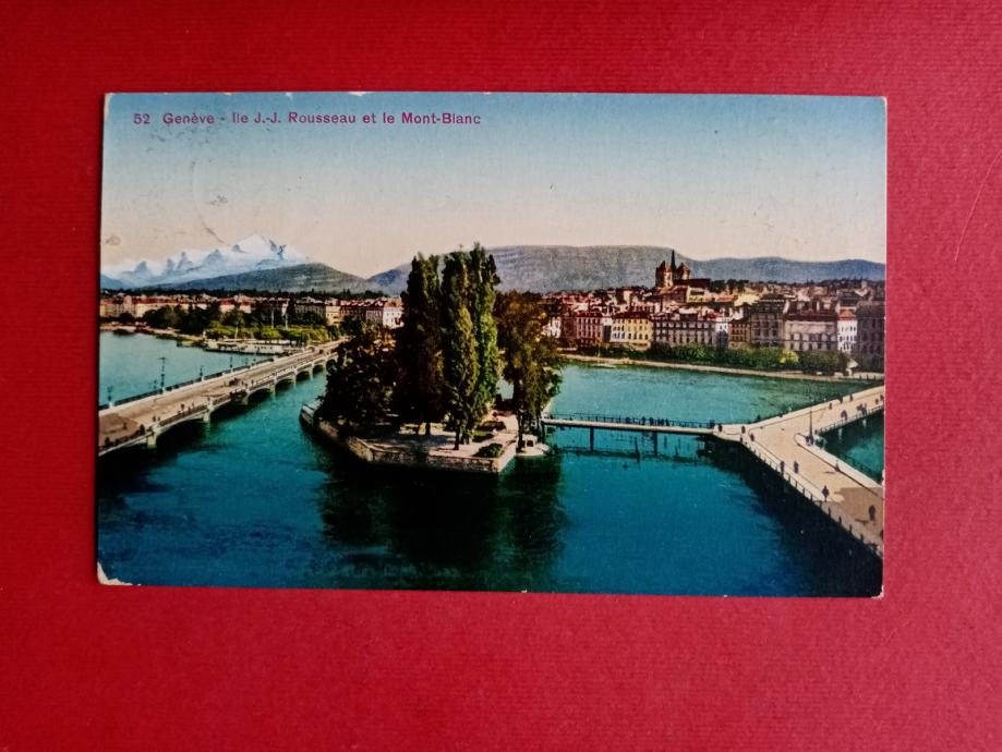 Genève – Île J.-J. Rousseau et le Mont-Blanc.Most,bridge.Žig Ambulant