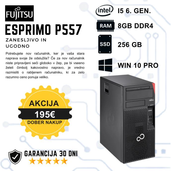 AKCIJA Fujitsu Esprimo P557 MT i5- 6600/8GB/256GB SATA SSD Windows Pro