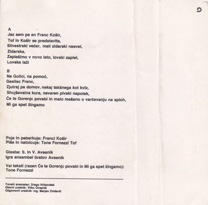 kaseta ANSAMBEL BRATOV AVSENIK - KOŠIR PA TOF Z AVSENIKI
