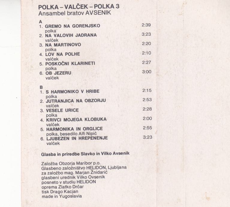 kaseta ANSAMBEL bratov Avsenik - Polka valček polka 3 (bel label)
