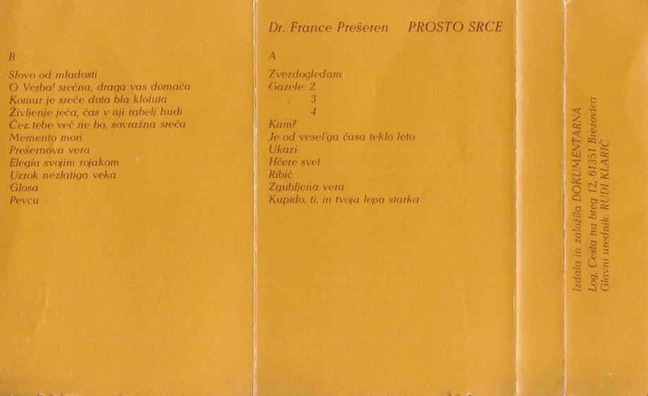 kaseta Dr. France Prešern, Prosto Srce - Aleš Valič (MC 635)