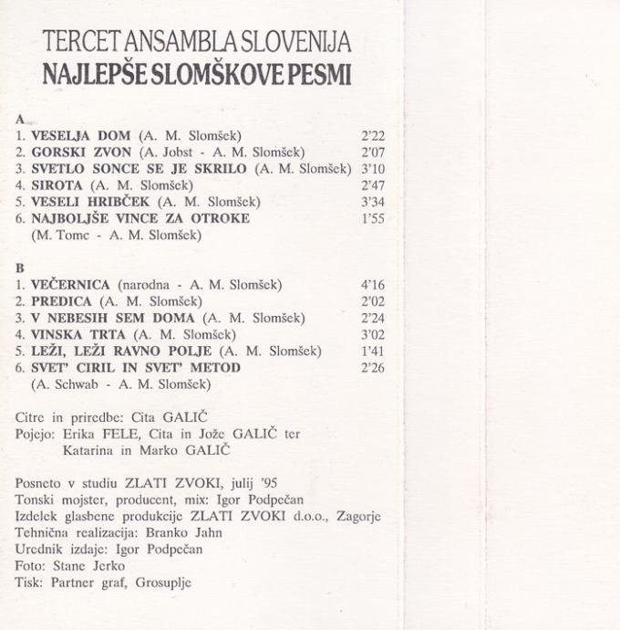 kaseta Tercet ansambla Slovenija - Najlepše Slomškove pesmi