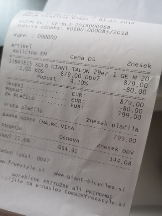 Giant Talon 29er (2018, račun, garancijski list)