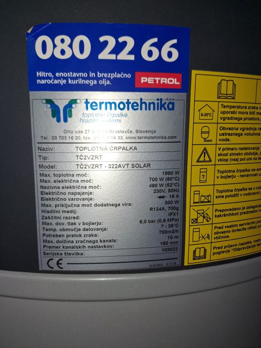 Toplotna črpalka za vodo 300l Termotehnika