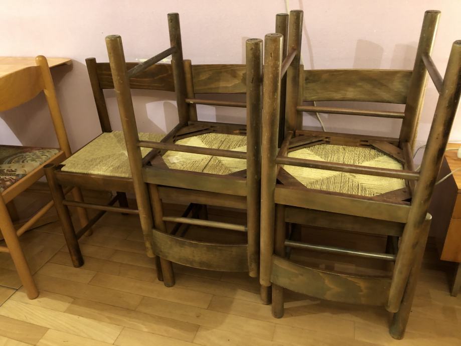 Retro masivni leseni stol / pleteno sedalo / 3 kom