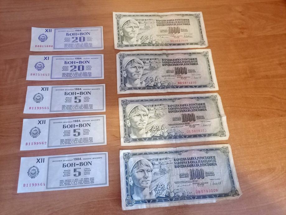 Bankovci za 1000 dinarjev in boni za bencin