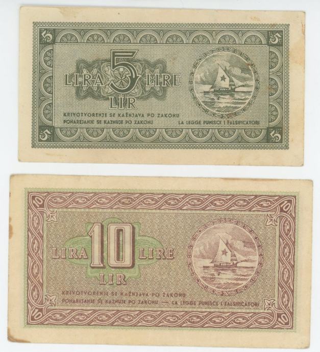 ISTRA, RIJEKA SLO PRIMORJE 5 lir in 10 lir 1945 VF/XF
