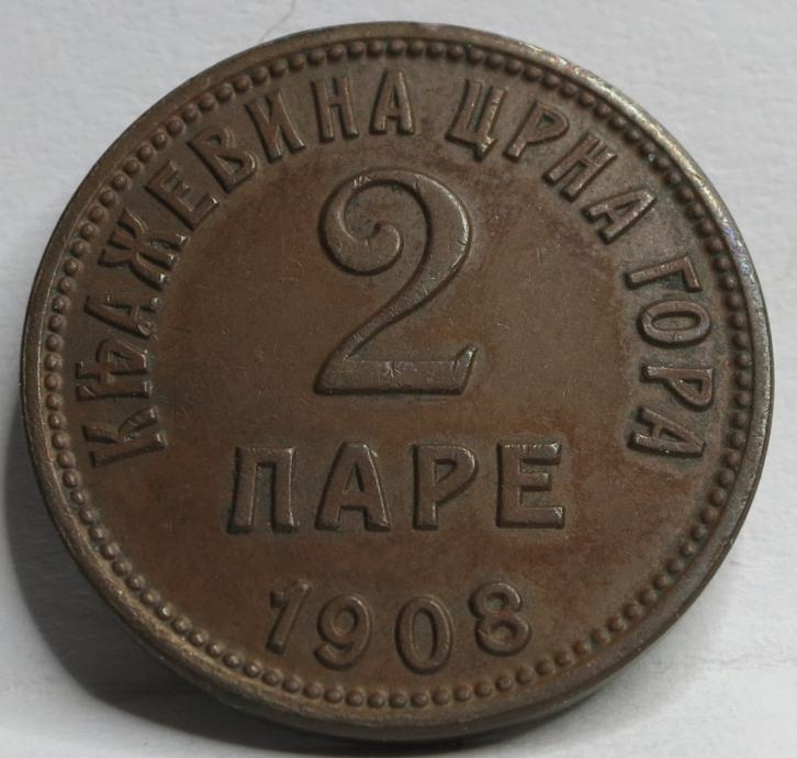 Črna Gora Kraljevina 2 Pare 1908 XF - AU Jugoslavija Redkeje #R70