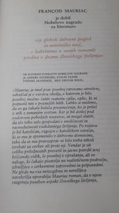 RODNICA , Francois, Mauriac, je dobil Nobelovo nagrado za litraturo