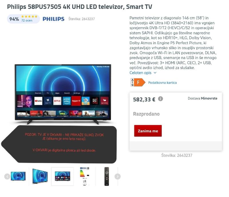 V OKVARI Philips 58PUS7505 4K UHD LED televizor, Smart TV 58 PALCEV