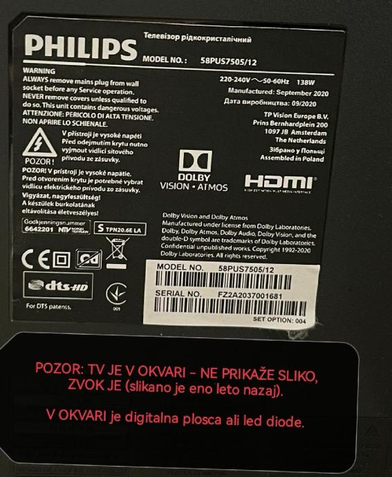 V OKVARI Philips 58PUS7505 4K UHD LED televizor, Smart TV 58 PALCEV