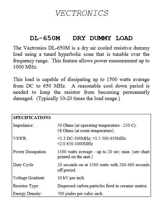 DL650 M Vectronics VHF UHF dummy loads MAX: 650 MHz, 1500 W RF breme