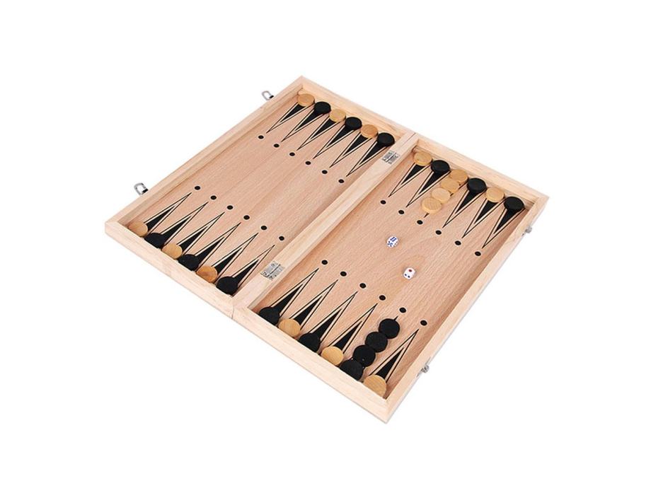 3v1 lesena šahovnica backgammon in dama 30×30cm lesene figure