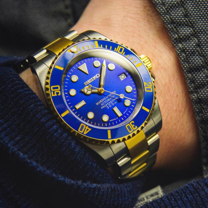 Seiko Submariner Blue Gold Mod Build ročna ura