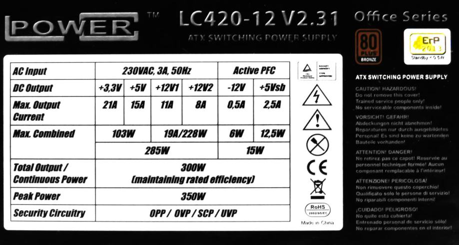 350W napajalnik LC POWER LC420-12 V2.31, 80 Plus Bronze