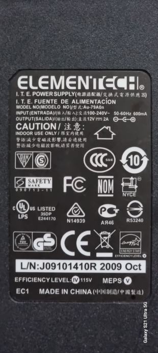 ELEMENTECH INTERNATIONAL AC ADAPTER 12V 2A 50-60Hz 600mA Au-79A0n