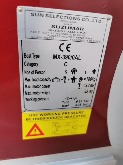 Napihljiv gumijasti čoln SUZUMAR 390 AL z motorjem Honda BF 20