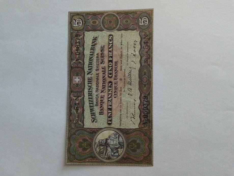 Prodam bankovec na sliki 5 švicarskih frankov 1952 25€ rezervirano