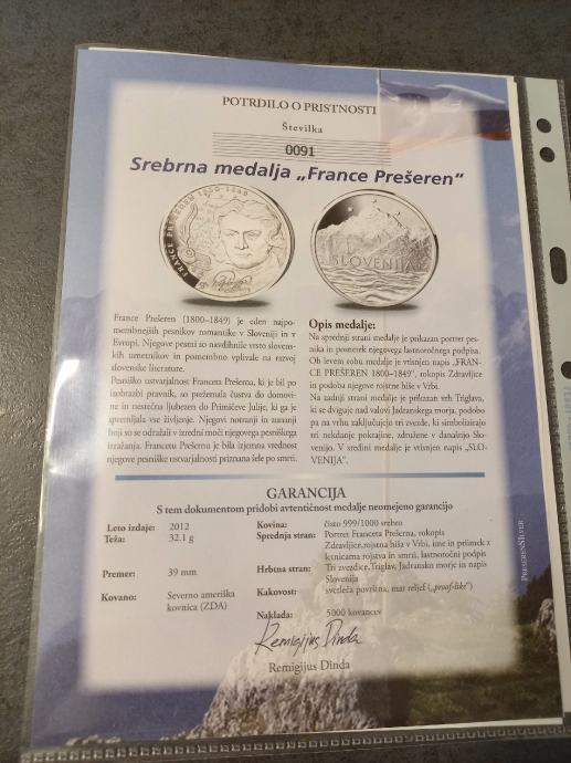 Srebrna medalja France Prešeren