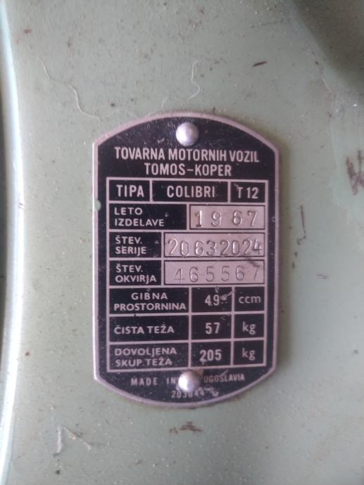Tomos Colibri T12 - 1967 - kompleten razkopan