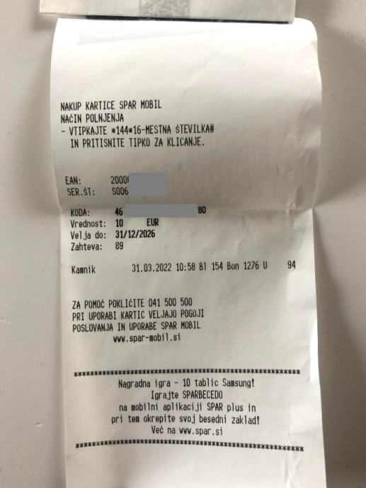Spar mobil bon / kartica za 10 EUR